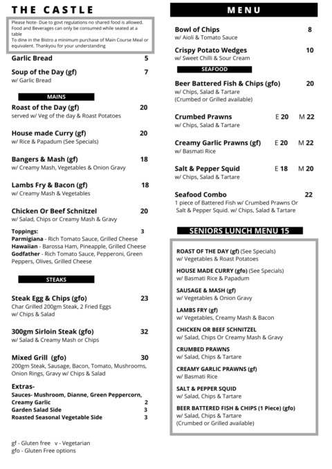 Menu The Castle Tavern